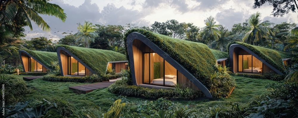 Stock-Foto „An eco-resort with a series of bungalows that have green ...