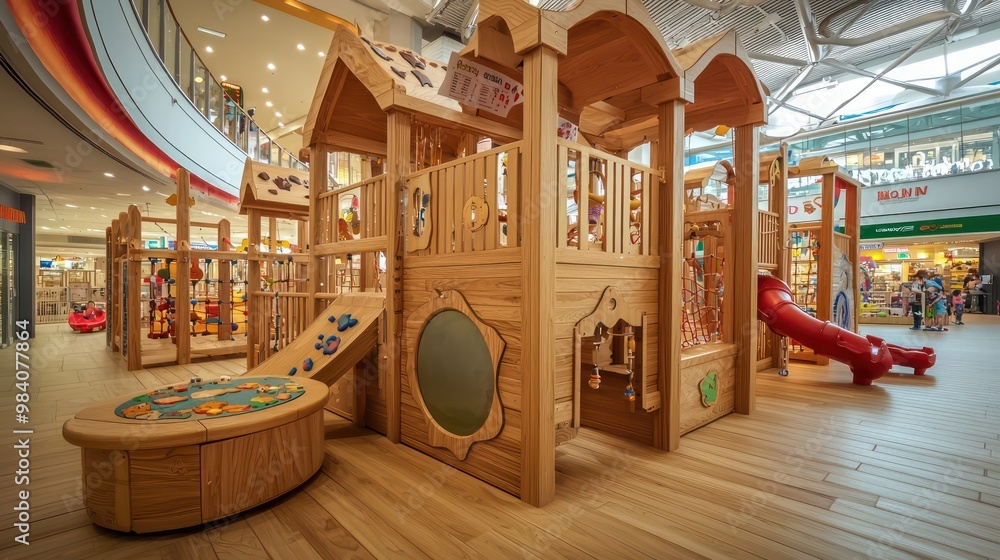 An indoor wooden play area in a shopping mall, featuring safe ...