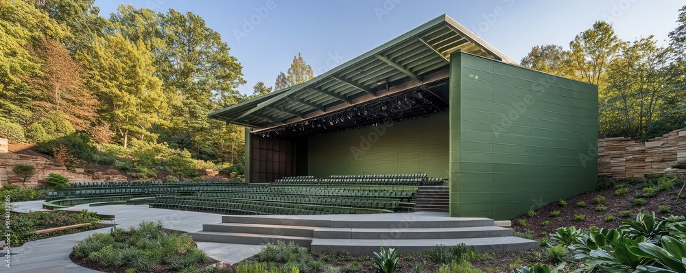 An outdoor amphitheater in a botanical garden, using green-toned fiber ...