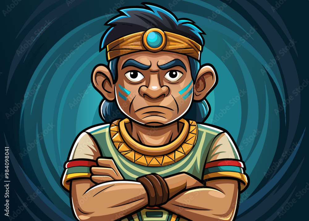 cartoon vector illustration of amerindian man with folded arms, blue ...
