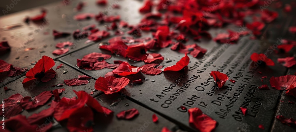 Red Poppy Petals on Memorial Plaque Commemorating Fallen Soldiers ...