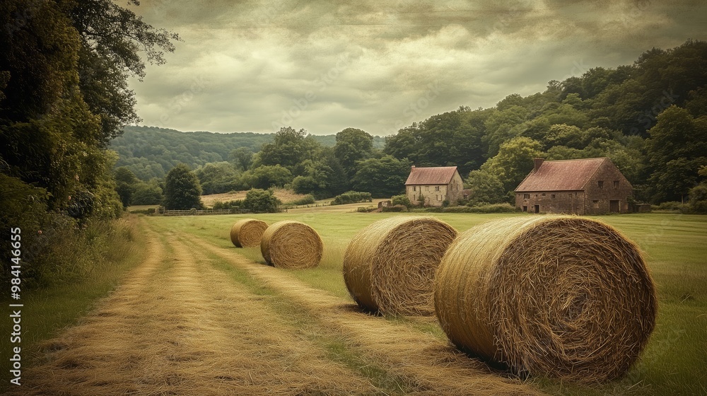 Open field with hay bales and a distant farmhouse generated AI Stock ...