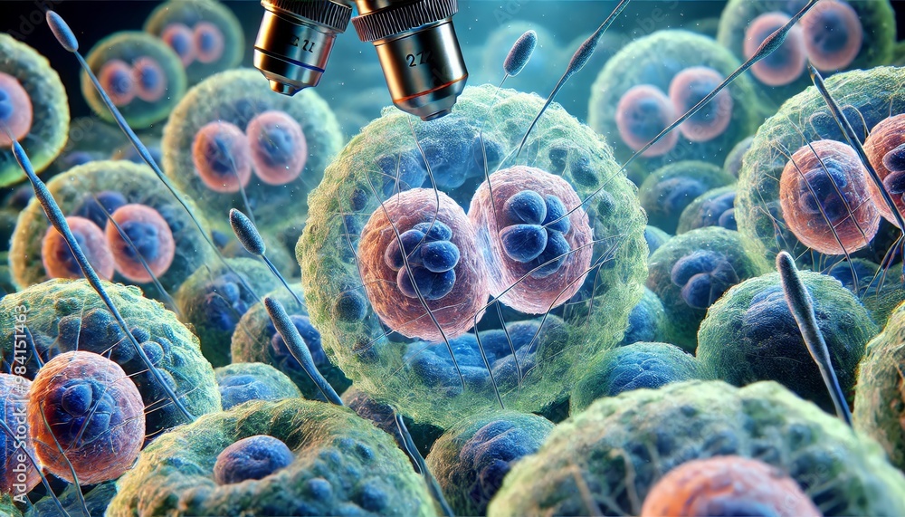 3d microscopic view of cell division under a microscope, showing the ...