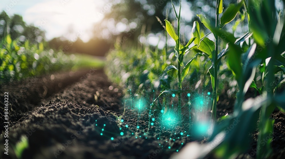 A close-up shot of an advanced crop sensor, with a holographic display ...