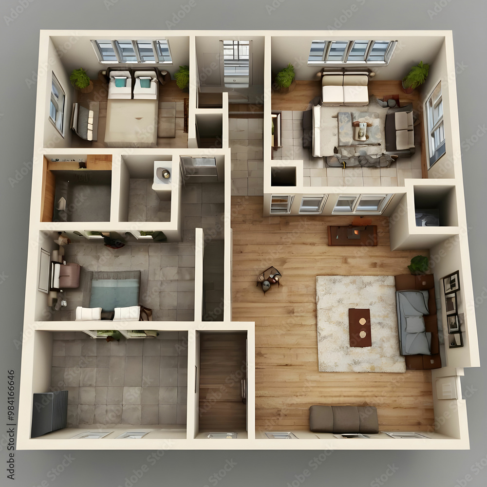 Floor plan of a house top view 3D illustration Open concept living ...
