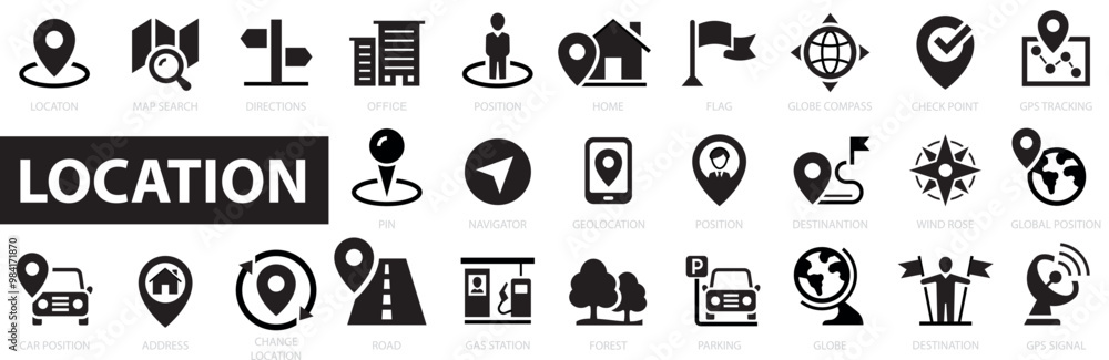 Location icon set. Navigation, location, GPS elements and more. Map ...