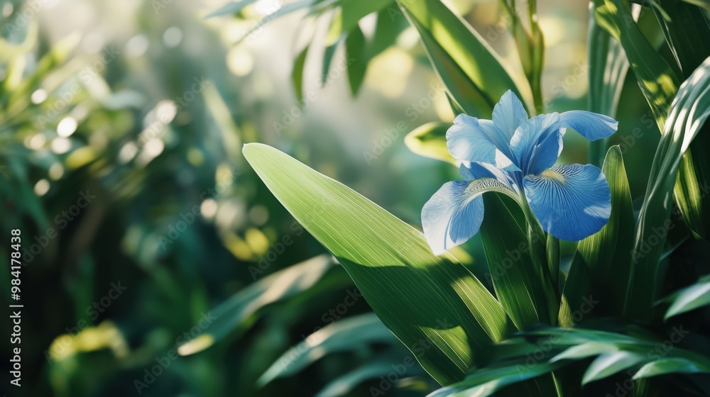 Blue iris surrounded by vibrant green leaves in a soft focus, with ...