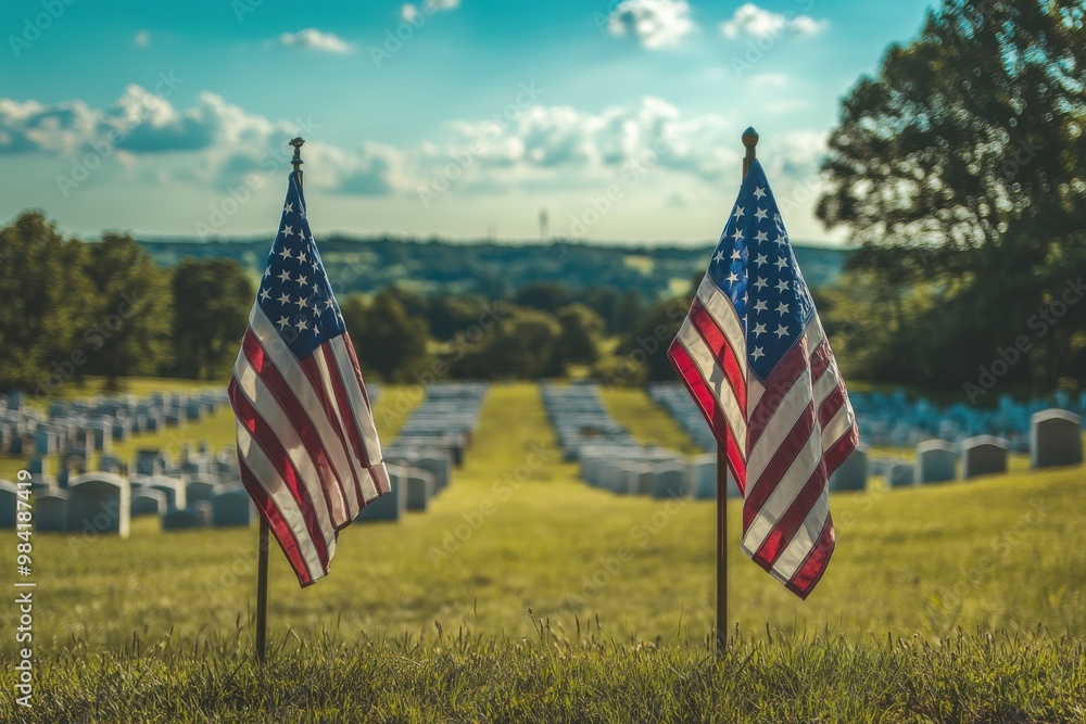 Two American flags standing side by side at a military cemetery, with ...