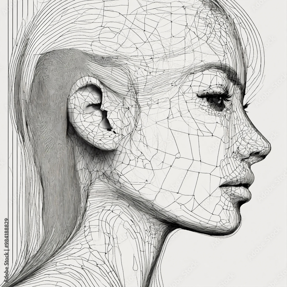 Black, thin lines that form the outline of the right profile of a woman ...