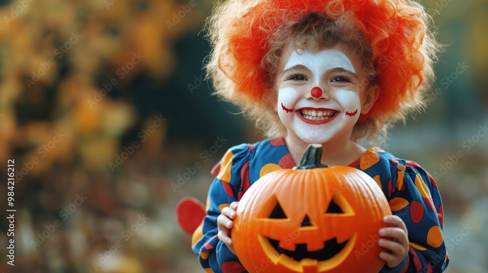 Stock-Foto „Halloween kid in clown costume on autumn street ready for ...
