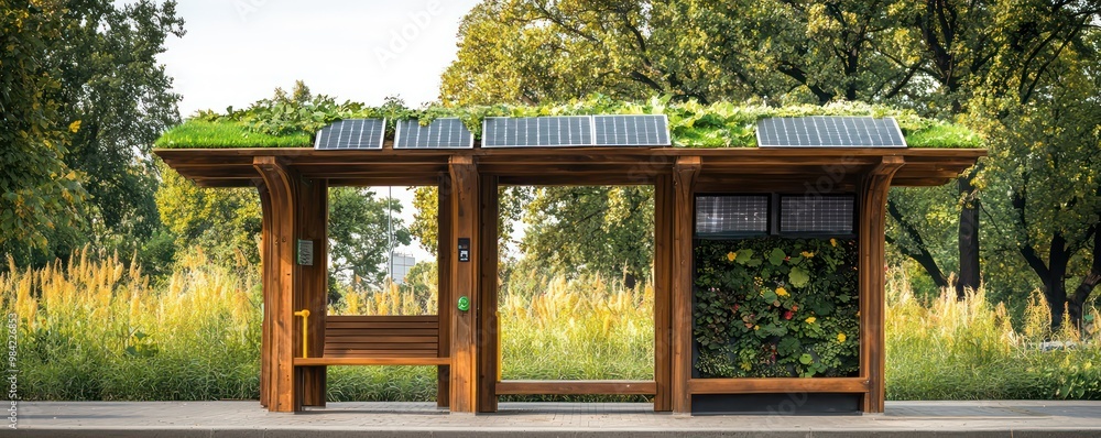 An eco-friendly wooden bus stop with solar panels and green roofs ...