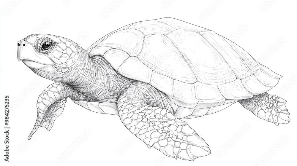 Line art illustration of a sea turtle featuring a detailed animal ...