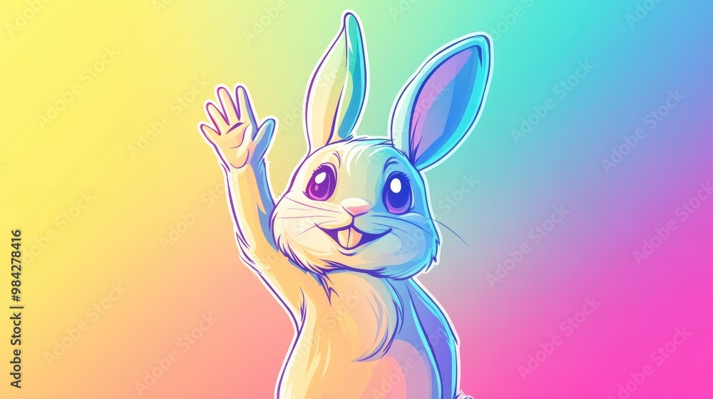 Colorful line art illustration of a curious cartoon bunny waving ...