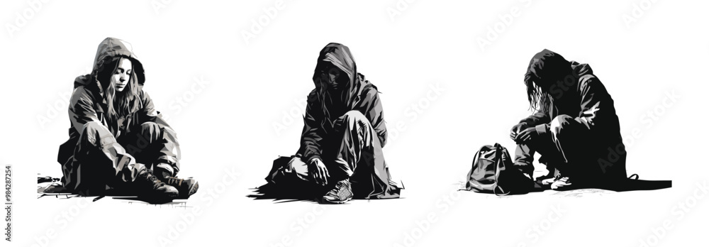 Homeless seated pensive person in various poses, vector illustration ...