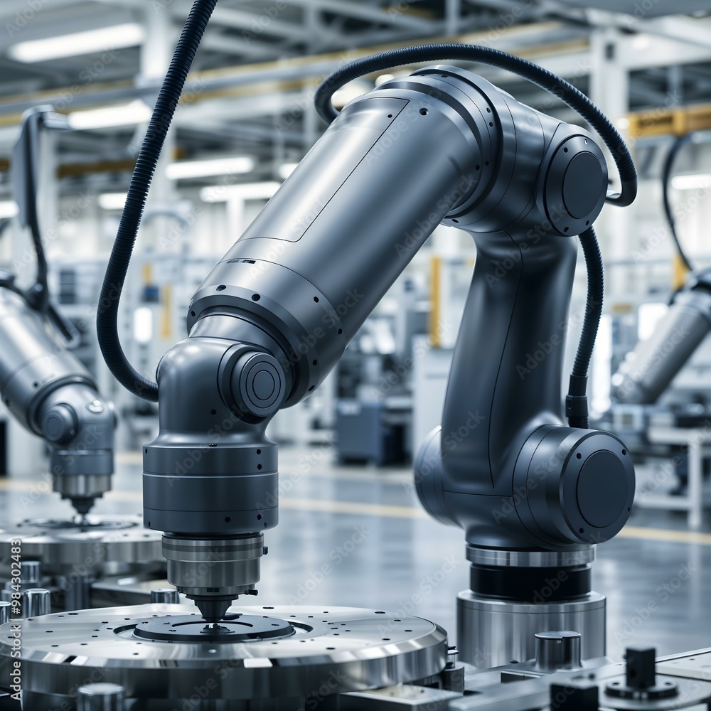 Automated robotic arm in operating on an assembly line in a modern ...