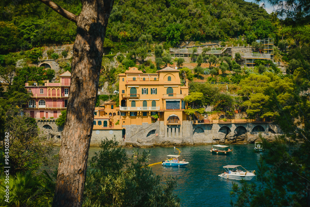 Villa on a cliff in Portofino, Genoa, Liguria. The Italian coast. The ...