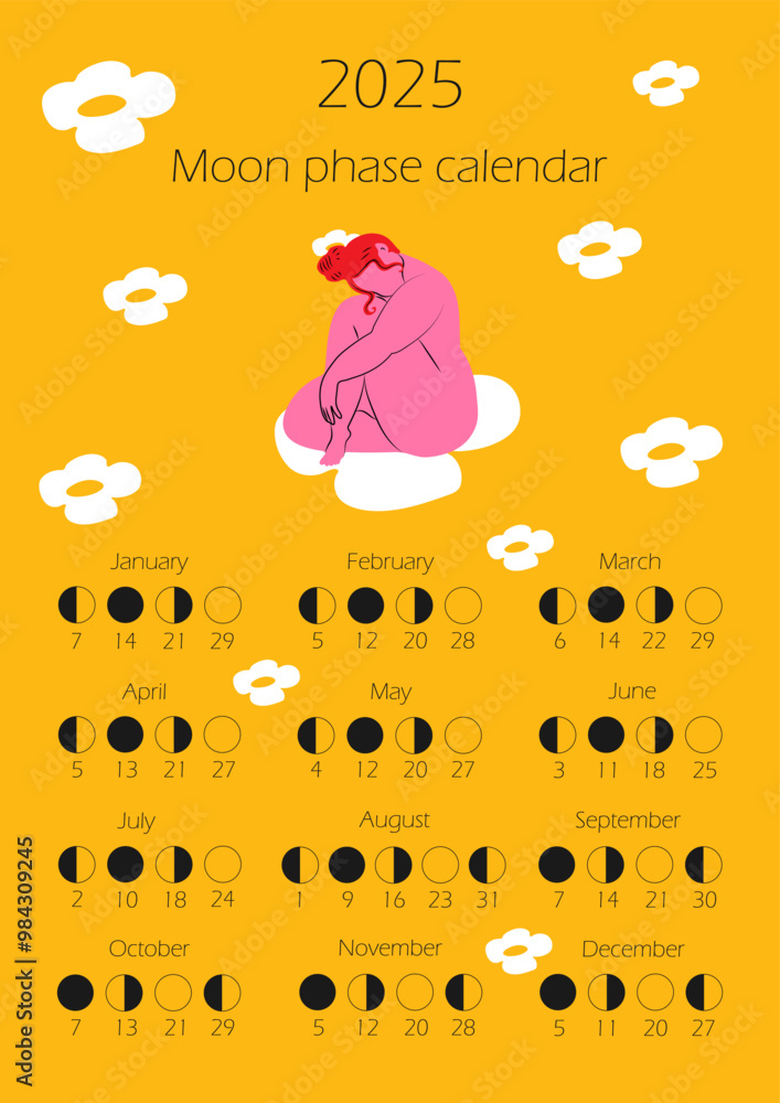 Moon phases calendar 2025 with Naked woman body in bright color ...