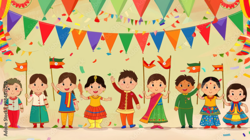 Cartoon Kids Celebrating with Flags and Banners Stock Illustration ...