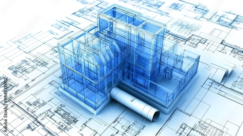 A 3D architectural model overlaid on technical blueprints, illustrating ...