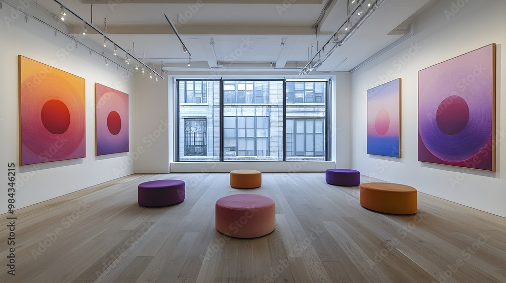 Paintings in a circular configuration, carefully curated for maximum ...