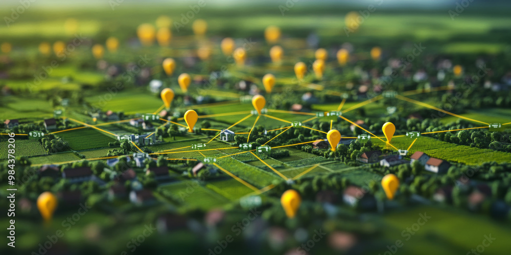 A 3D-rendered map showing yellow location pins and routes, representing ...