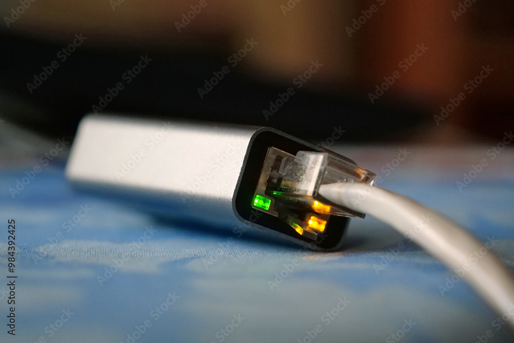 Ethernet cable adapter. Working ethernet cable adapter with green and ...