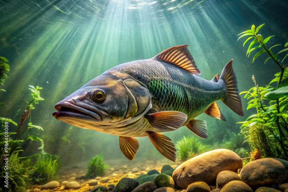 In the dark, eerie waters of a freshwater river, a prehistoric armored ...