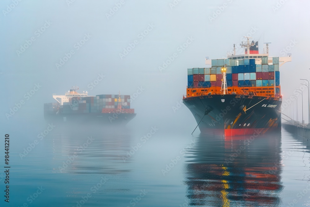 Cargo ships stuck at a harbor due to trade restrictions, foggy horizon ...