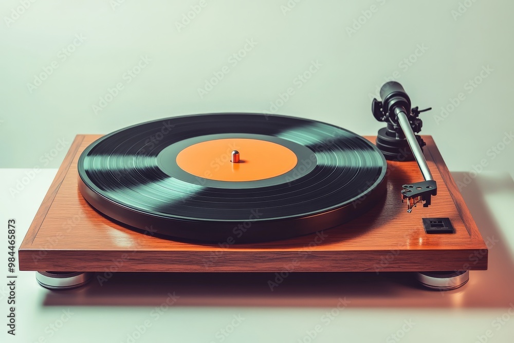 Close-up photograph of an orange-labeled vinyl record spinning on a ...