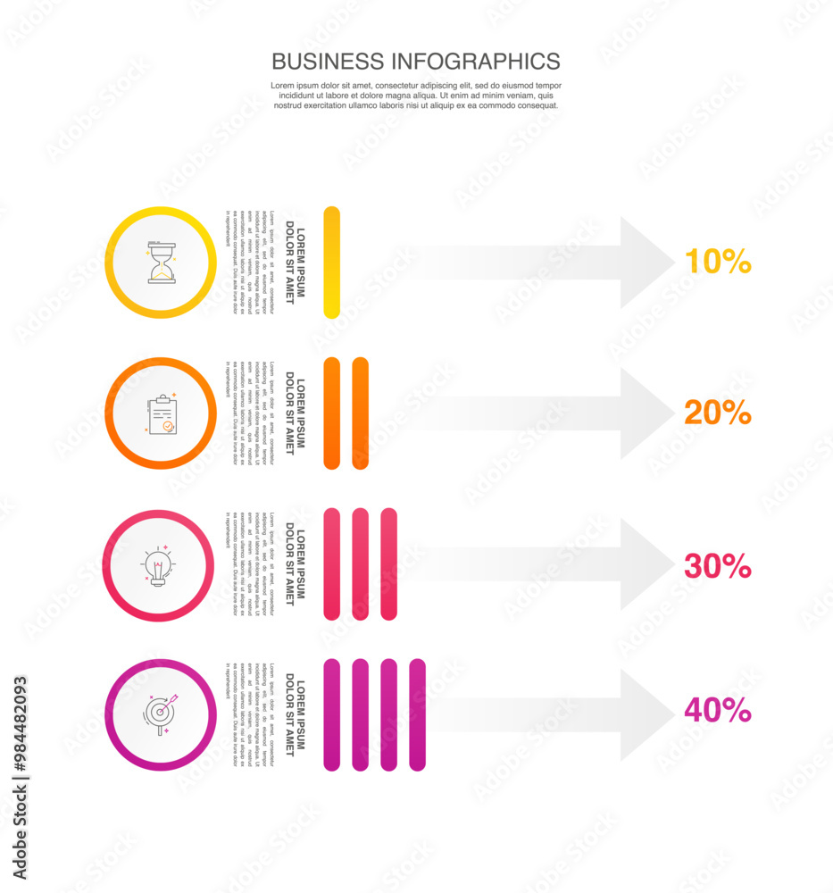 Presentation of modern vector infographic. Business template with 4 steps, arrows with ...