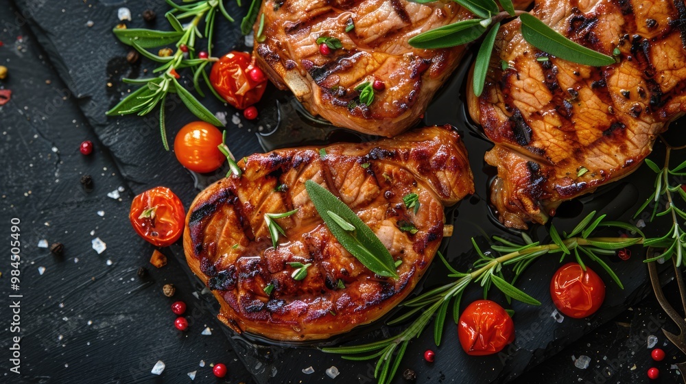 Photo Stock Marinate and grill different types of pork steaks and ...