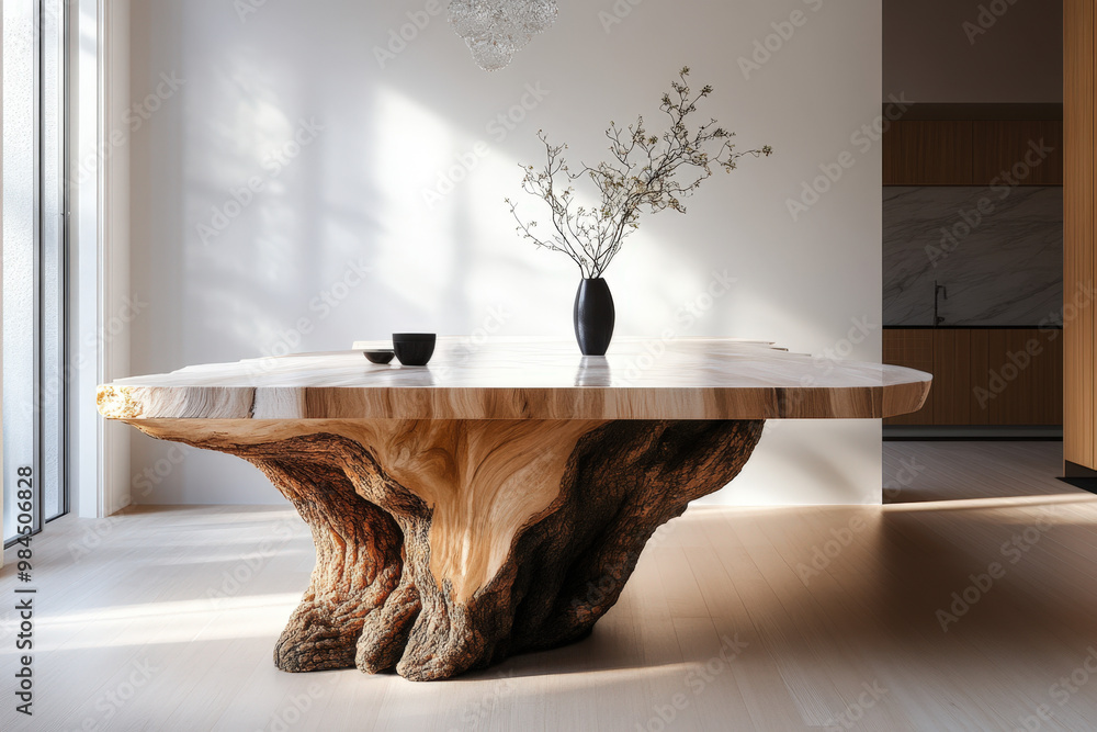 Sunlight illuminating a dining room with a biophilic table design Stock ...