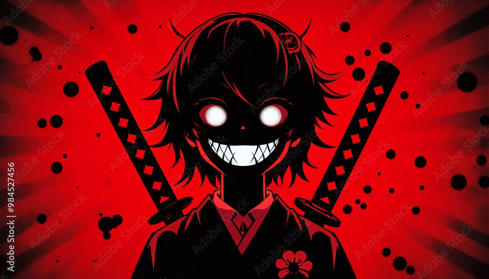 Silhouette of a sinister anime-style boy smiling maliciously with sharp ...