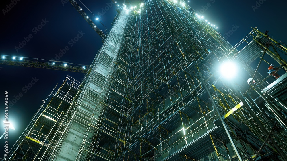Detailed night view of an under-construction skyscraper with ...