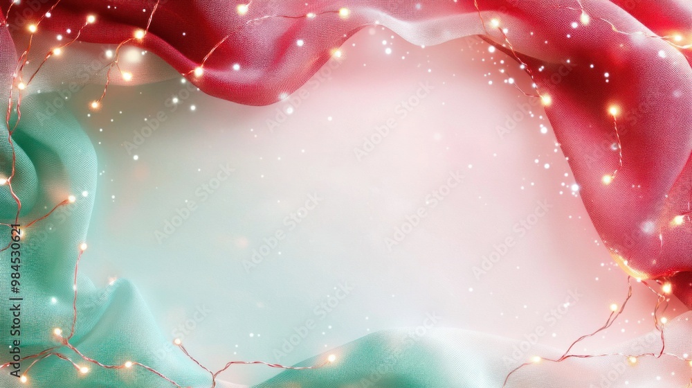 Elegant layers of sheer fabric in green and red frame a soft backdrop ...