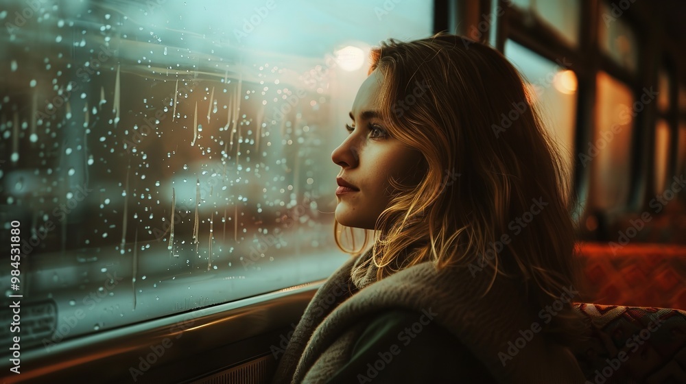 Perched on a train seat, a woman faces the window, her eyes fixed on ...