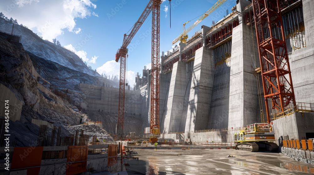 Hyper-realistic depiction of a large-scale hydroelectric dam ...