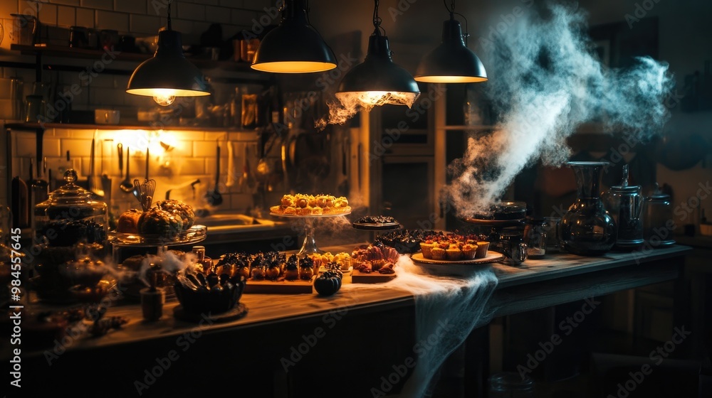 Spooky Halloween kitchen setup with eerie-themed treats, cobwebs, and ...