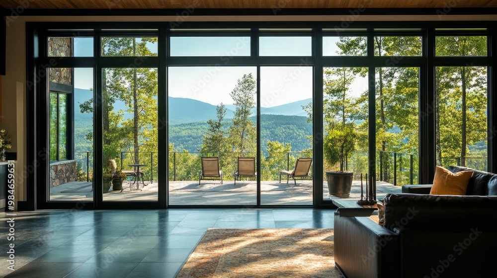 large windows black aluminum swing doors with a view of the outdoors ...