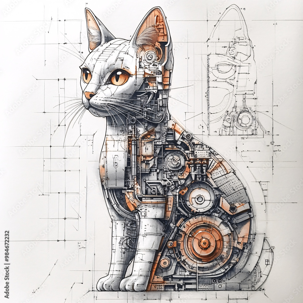 Mechanical cybernetic cat design blending organic anatomy with ...