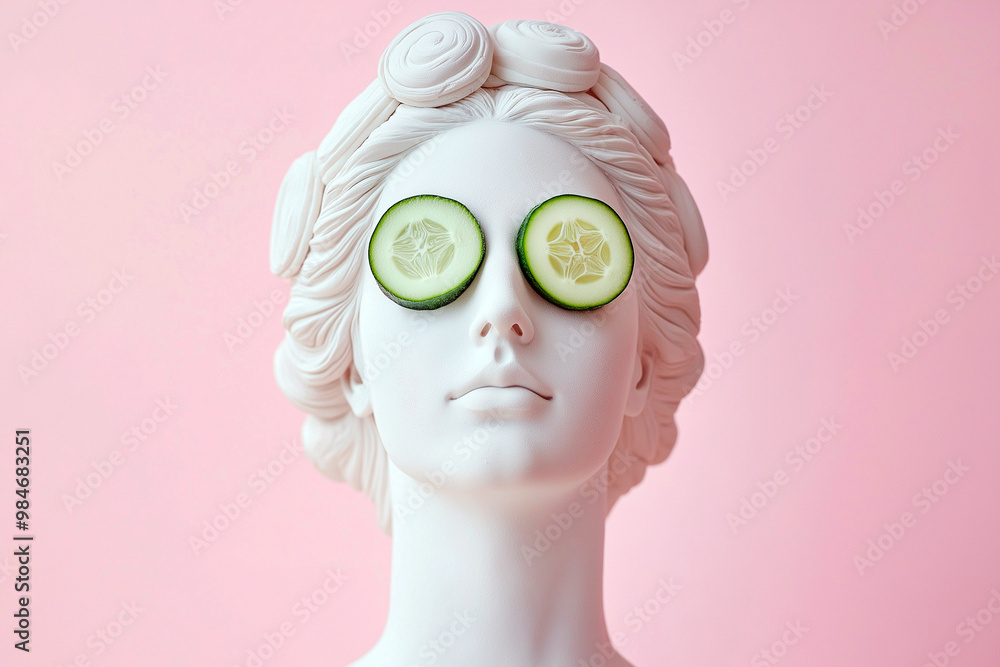 Statue of a Greek goddess with cucumber slices on eyes. Sculpture on ...