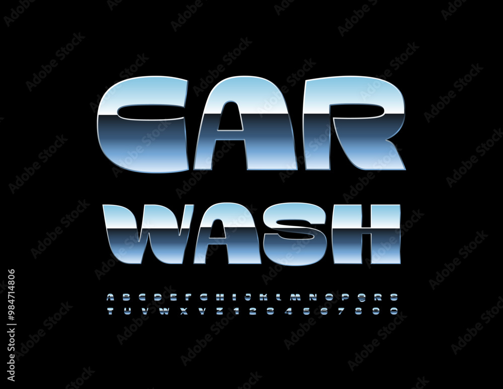 Vector silver icon Car Wash. Reflective Metallic Font. Modern Alphabet ...