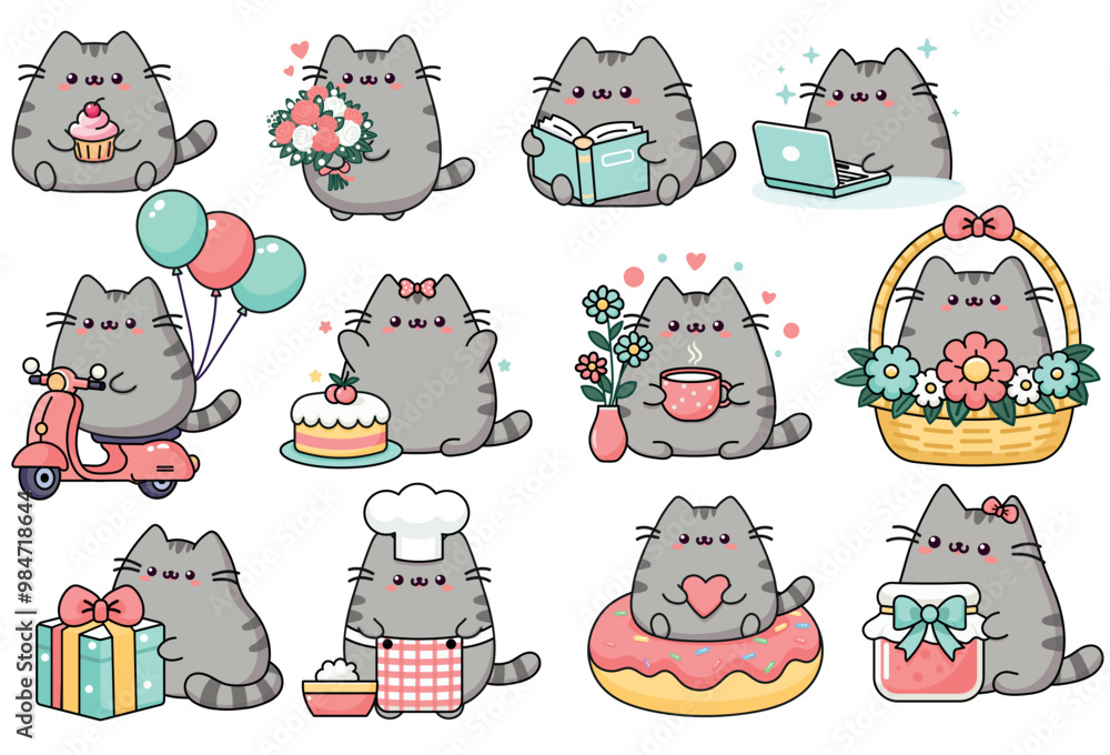 Pusheen the cat kawaii clipart set. Cute cat. Vector graphics. Isolated ...