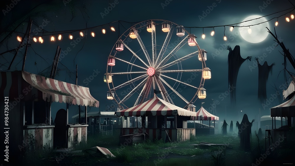 Eerie carnival with a ferris wheel under a full moon, haunted ...