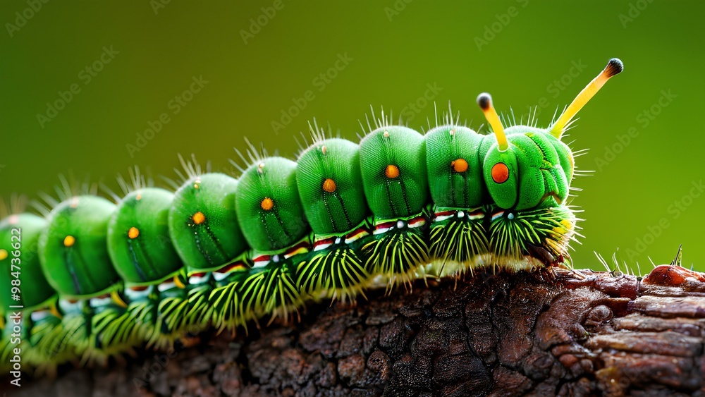 High-resolution close-up of a neon green caterpillar resting on a ...