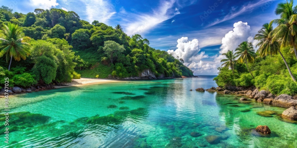 Tranquil tropical cove with crystal clear blue water and lush greenery ...