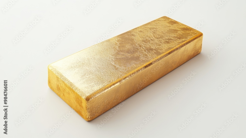 Shiny gold bar with a smooth, reflective surface and detailed etchings, displayed on a plain ...