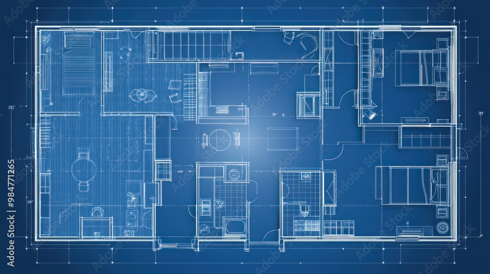 Detailed architectural blueprint of a modern home layout featuring ...