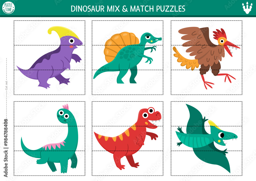 Vector dinosaur mix and match puzzle with cute ancient animals ...