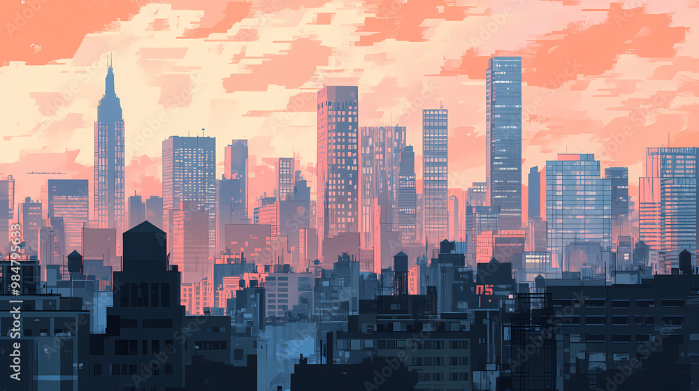 Downtown city skyline comic book art style. digital art illustration ...